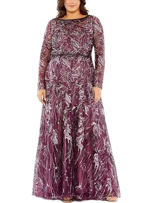 Mac Duggal Long Sleeve High Neck Embroidered & Beaded Detail Gown - Plum
