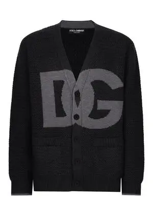 Dolce & Gabbana Hand-knit Wool Cardigan With Dg Logo - Grey
