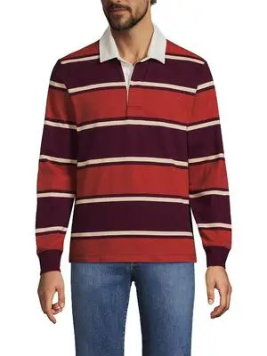 LANDS' END Long Sleeve Rugby Shirt - Rich Burgundy/bourbon Stripe