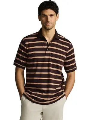 LANDS' END Short Sleeve Cotton Supima Polo Shirt - Rich Coffee/camel Stripe