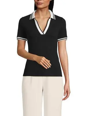LANDS' END Short Sleeve Rib Knit Polo Black/ivory