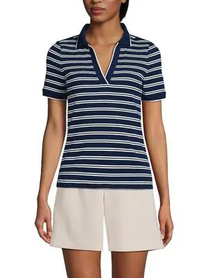 LANDS' END Short Sleeve Rib Knit Polo Deep Sea Navy Dual Stripe