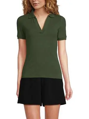 LANDS' END Short Sleeve Rib Knit Polo Estate Green