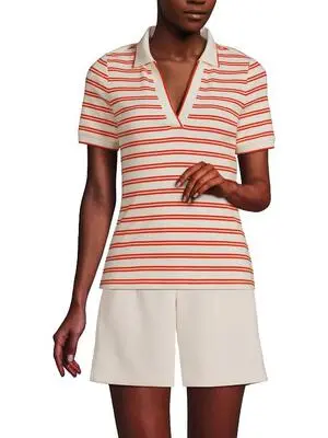 LANDS' END Short Sleeve Rib Knit Polo Rich Persimmon Dual Stripe