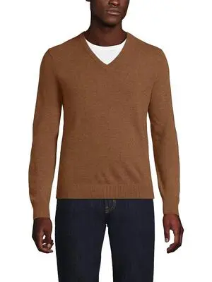 LANDS' END Fine Gauge Cashmere V-neck Sweater - Fresh Nutmeg Heather