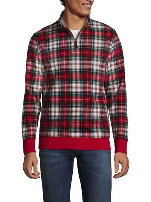 LANDS' END Bedford Rib Quarter Zip Pullover Sweater Ivory/rich Red Plaid