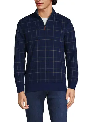 LANDS' END Bedford Rib Quarter Zip Pullover Sweater Navy/estate Green Plaid