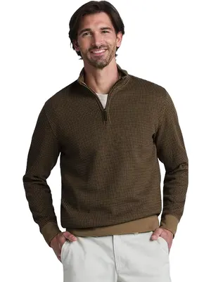 LANDS' END Bedford Rib Quarter Zip Pullover Sweater Rich Coffee Houndstooth