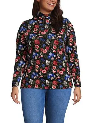 LANDS' END Lightweight Jersey Skimming Long Sleeve Turtleneck - Black Multi Floral