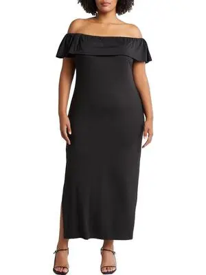 24SEVEN COMFORT APPAREL 24seven Comfort Apparel Off The Shoulder Jersey Midi Dress Black