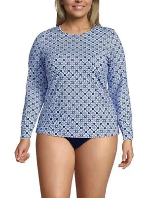 LANDS' END Crewneck Long Sleeve Rash Guard - Lake Blue Geo Floral