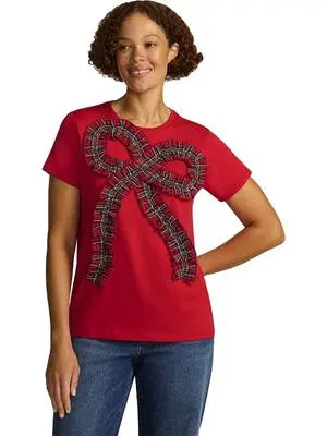 LANDS' END Supima Cotton Crewneck T-shirt - Compass Red Bow Plaid