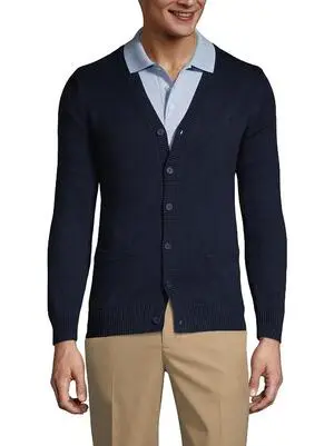 LANDS' END Cotton Modal Button Front Cardigan Sweater - Classic Navy