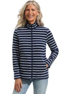 LANDS' END Full Zip Fleece Jacket - Deep Sea Navy/ivory Stripe