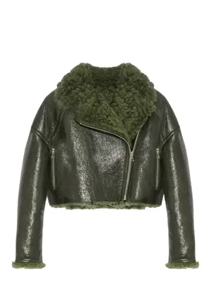 YVES SALOMON Patent-merino Cropped Biker Jacket - Green