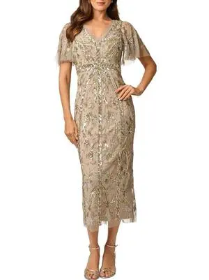 Adrianna Papell Embellished Flutter Sleeve Cocktail Dress - Platinum