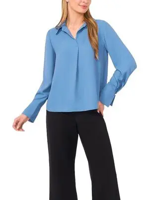 Halogen Split Cuff Button-Up Top Aegean Blue