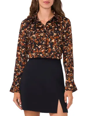 Halogen Split Cuff Button-Up Top Rich Black Print