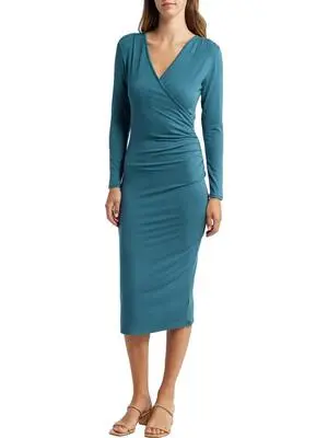 Loveappella Long Sleeve Faux Wrap Midi Dress - Dark Teal