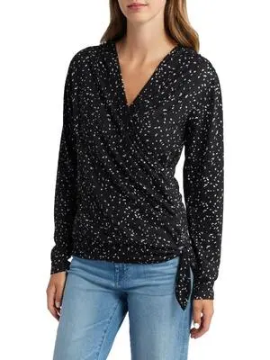 Loveappella Loveappella Dot Print Faux Tie Wrap Top Black/nat