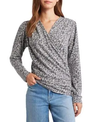 Loveappella Animal Print Wrap Top - Gray