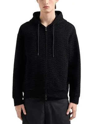 Emporio Armani Allover Logo Full Zip Hooded Sweatshirt - Black