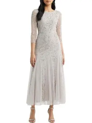 Pisarro Nights Beaded Tulle A-line Gown - Silver