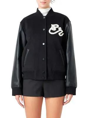 Endless Rose Imitation Pearl Detail Bomber Jacket - Black