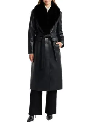 Michael Kors Belted Faux Leather Wrap Coat - Black