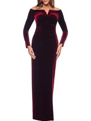 XSCAPE EVENINGS Off-the-shoulder Velvet Gown - Burgundy