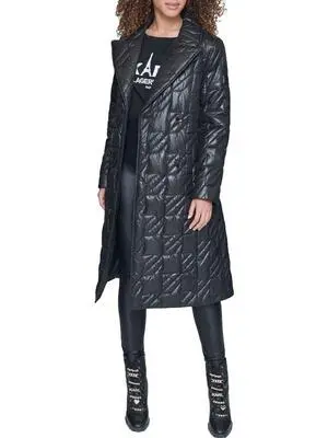 Karl Lagerfeld Paris Houndstooth Quilted Tie Belt Double Breasted Trench Coat - Black