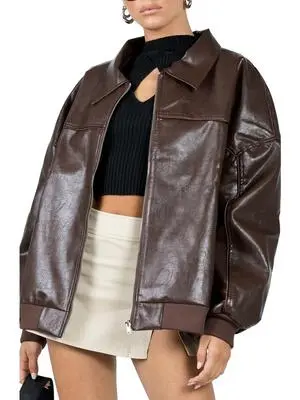 Princess Polly Goldsmith Faux Leather Bomber Jacket - Brown