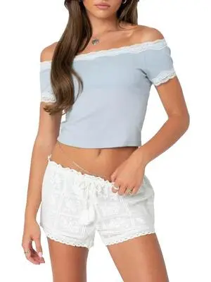 EDIKTED Lace Trim Off-the-shoulder Top - Light-blue