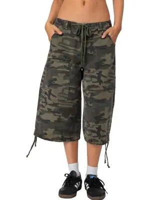 EDIKTED Camo Low Rise Cargo Bermuda Shorts - Olive