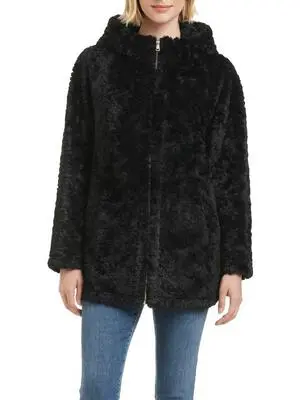 Sanctuary Textured Faux Fur Hooded Jacket - Black