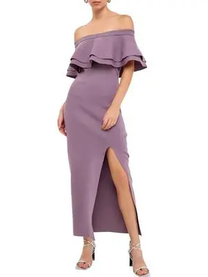 Endless Rose Off The Shoulder Ruffle Maxi Sweater Dress - Dusty Lavender