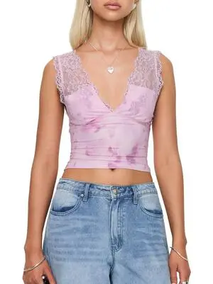 Princess Polly Print Lace Trim Tank Top - Pink