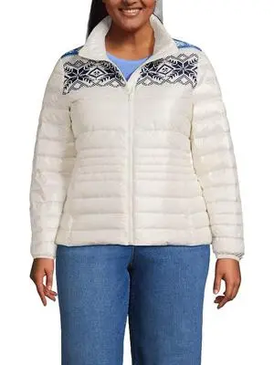 LANDS' END Wanderweight Ultralight Packable Down Jacket Brisk Blue Fairisle