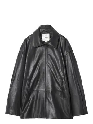 Cos Waisted Leather Trucker Jacket - Black