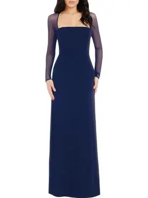Dress The Population Maxwell Square Neck Long Sleeve Gown - Navy