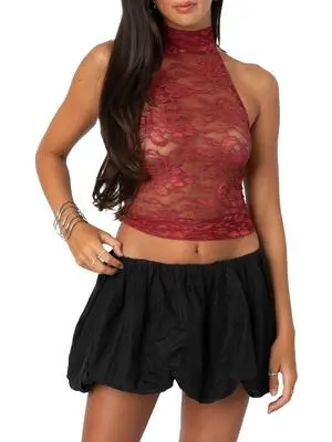 EDIKTED Sheer Lace Halter Top - Burgundy