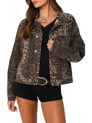 EDIKTED Print Denim Trucker Jacket - Leopard