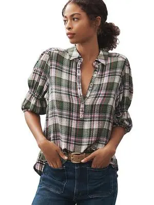 PILCRO Tallulah Puff-sleeve Plaid Buttondown Top - Green Pattern