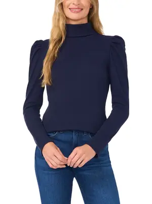 CECE DUPRAZ Gathered Sleeve Turtleneck Top Classic Navy Blue