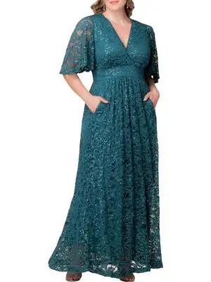 KIYONNA Luminous Sequin Lace A-line Gown - Teal Topaz
