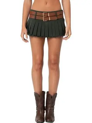 EDIKTED Double Belted Pleated Mini Skirt - Green