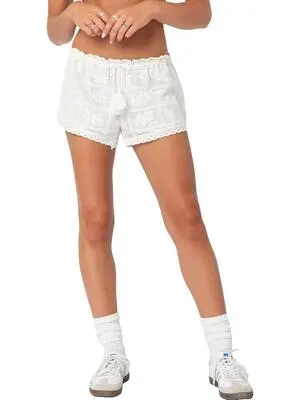 EDIKTED Needlepoint Lace Drawstring Shorts - White