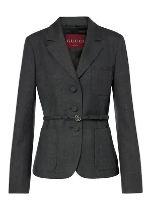 Gucci Double G Belted Wool Blazer - Grey