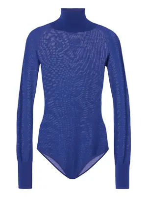 Alaïa Sheer Turtleneck Wool Bodysuit - Blue