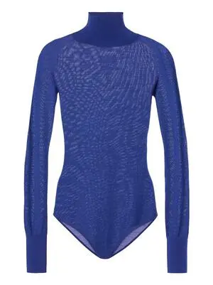 Alaïa Sheer Turtleneck Wool Bodysuit - Blue